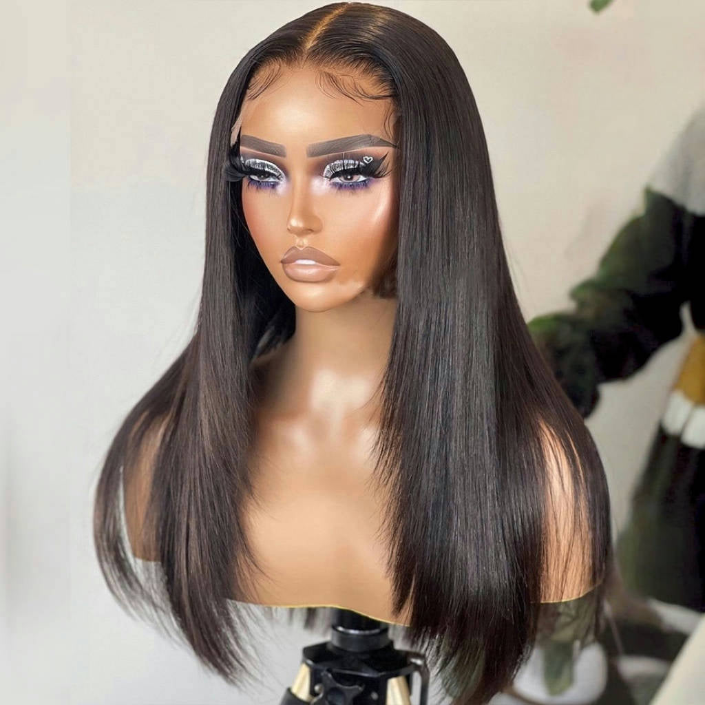 Glueless Layered Bone Straight 5×5 Pre-Cut Closure HD Lace Wig 100% Hu ...